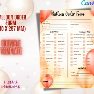 Editable Balloon Order Form Party Balloons Order Sheet Balloon Garland ...