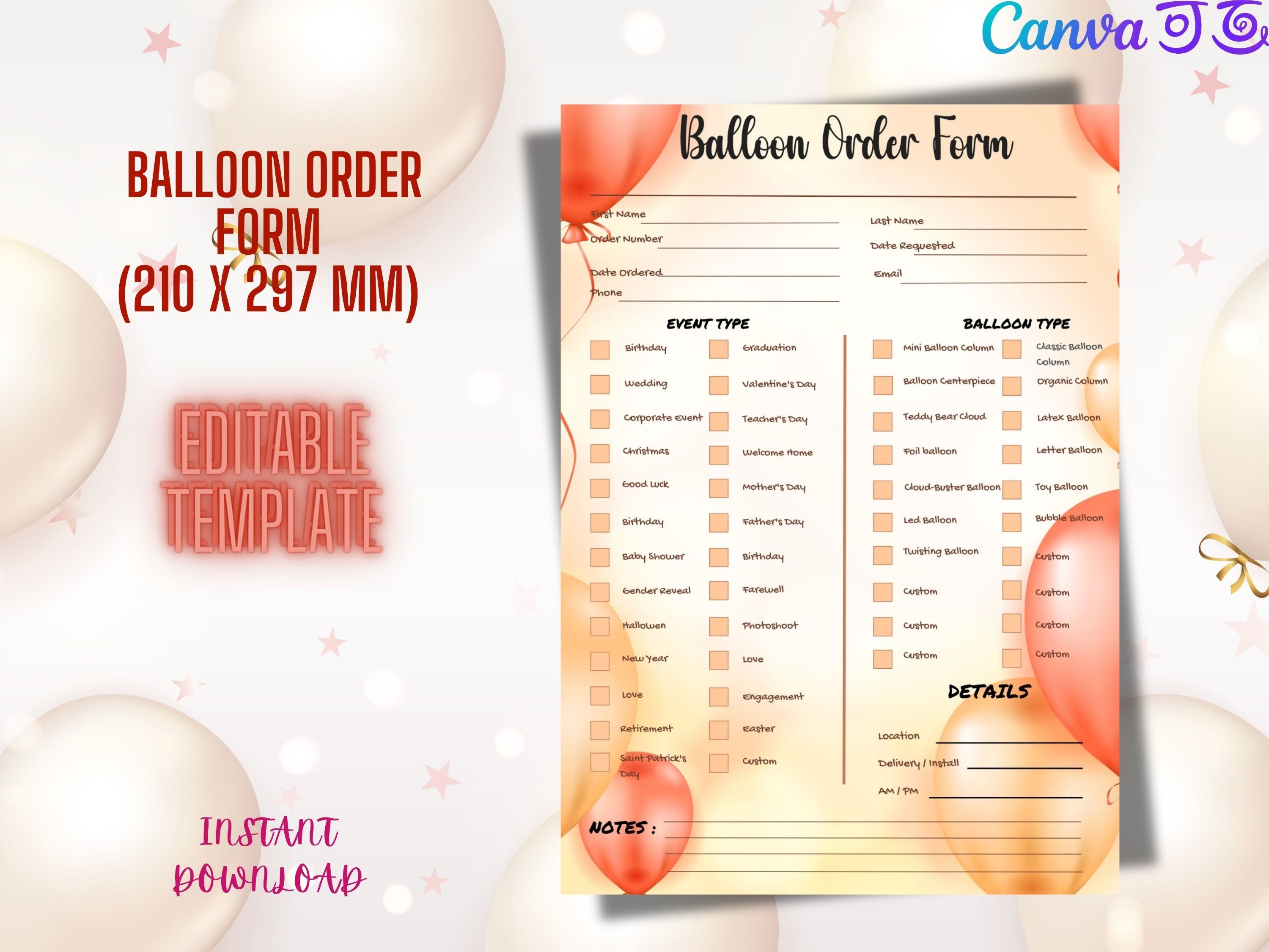 Editable Balloon Order Form Party Balloons Order Sheet Balloon Garland ...