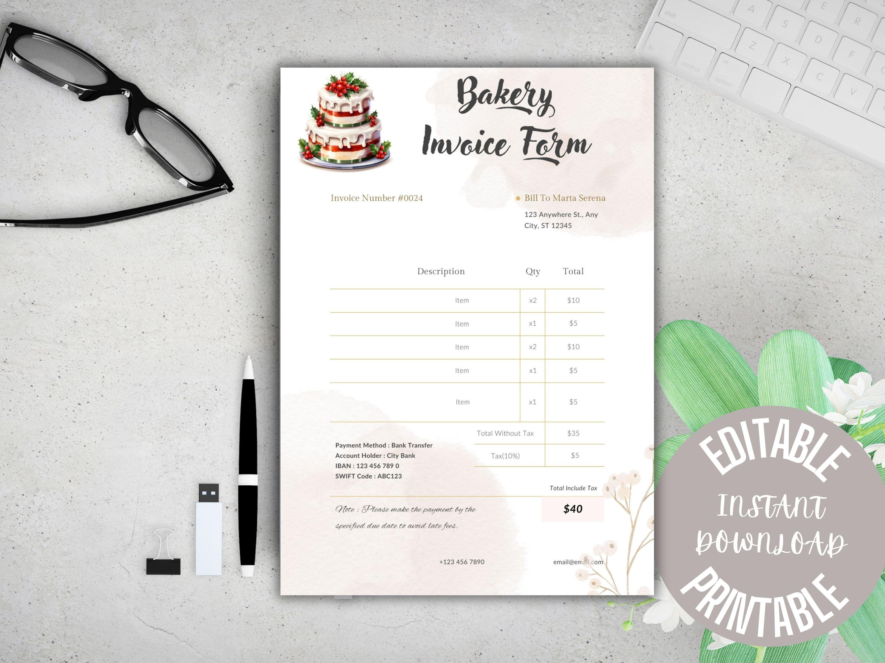 BAKERY INVOICE TEMPLATE, Editable Invoice Template for Small Business ...