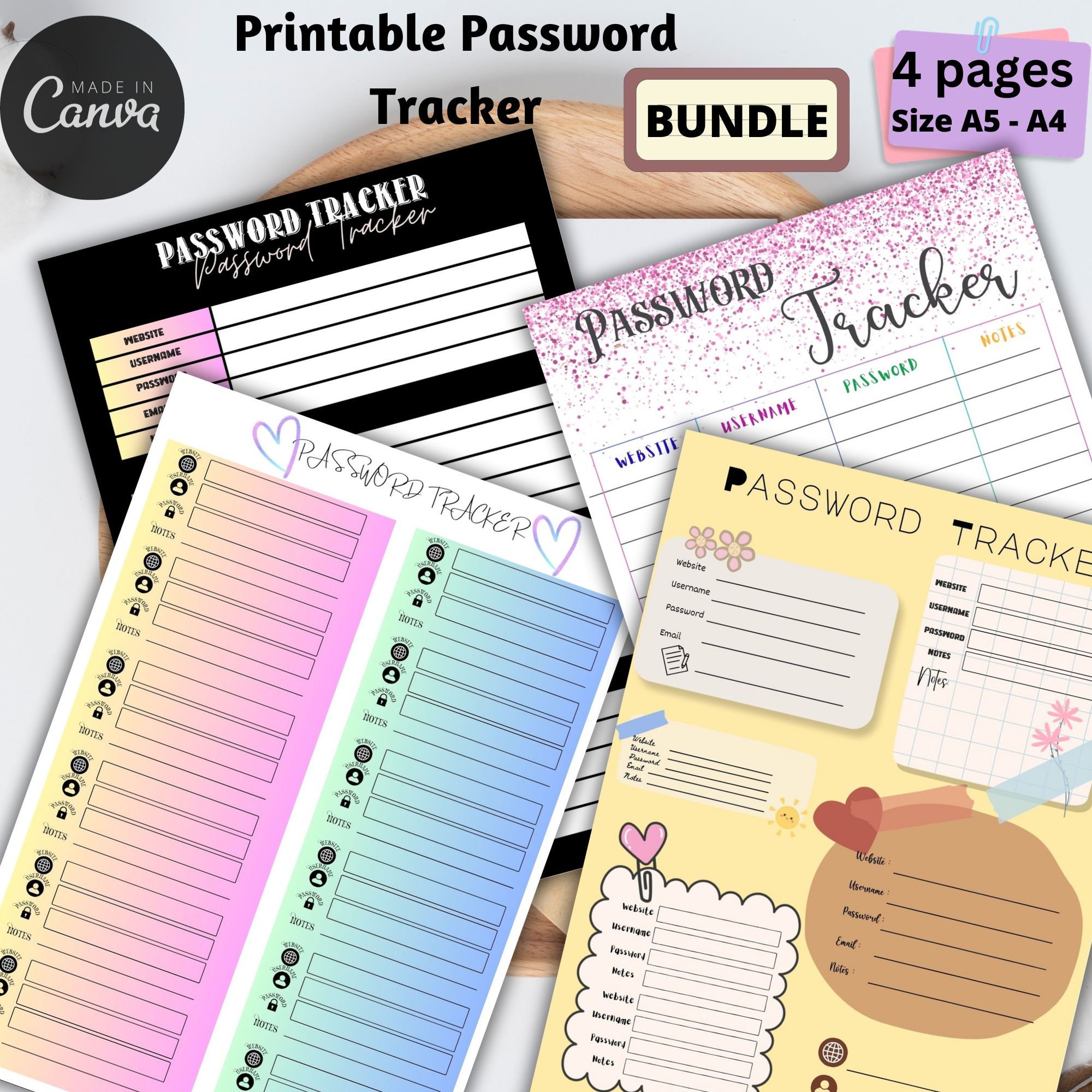 Editable Fillable Password Tracker BUNDLE, 4 Printable Password Log ...
