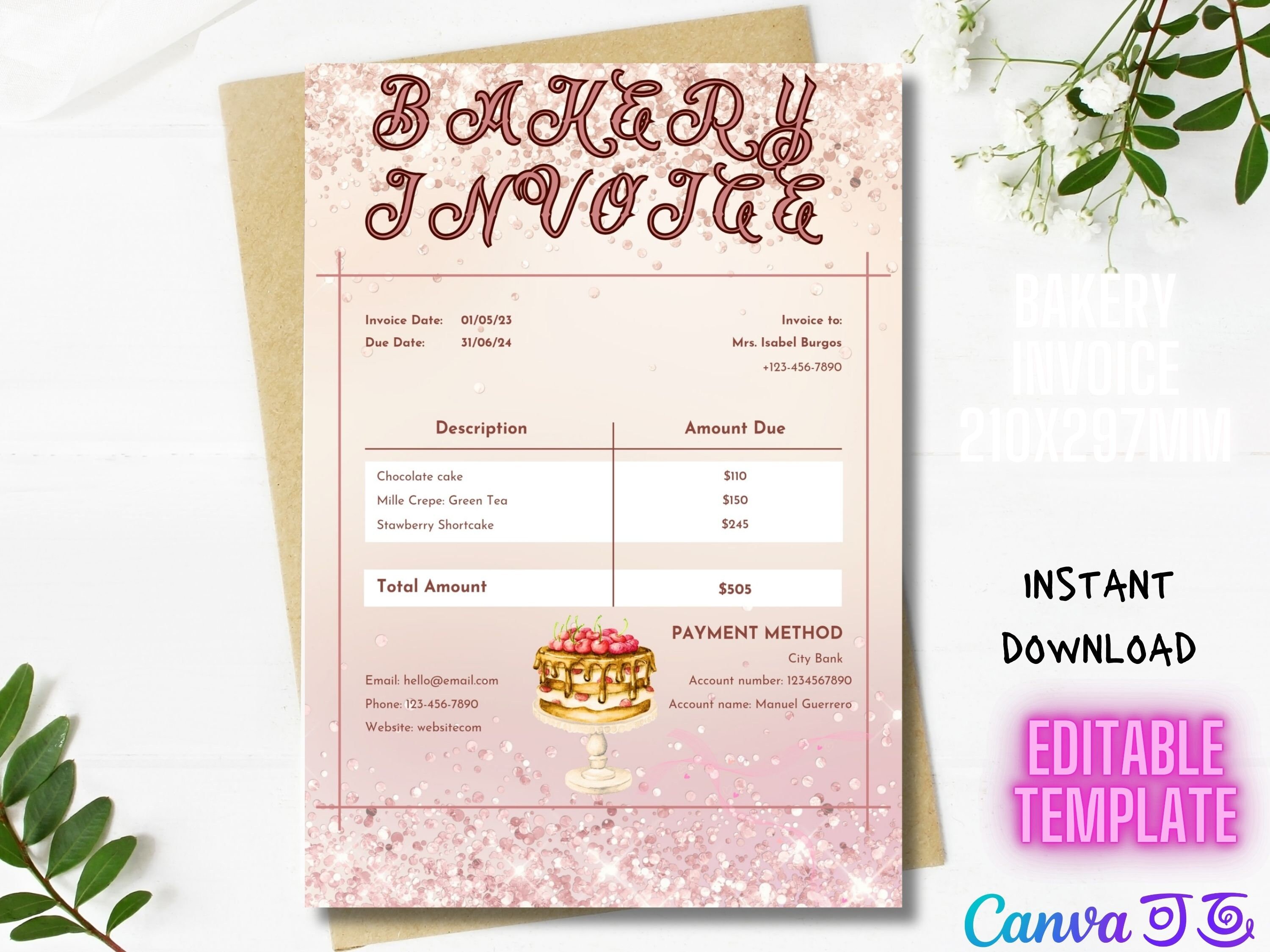 Printable Bakery Invoice Template Cake Invoice Template Editable ...