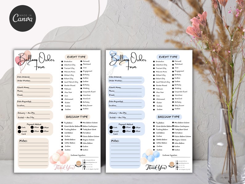 Editable Balloon Order Form Template 2 Different Color Balloon Order ...