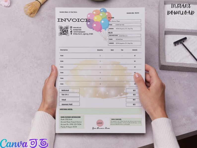 Editable Balloon Invoice Template Balloon Forms Balloon Business Custom ...