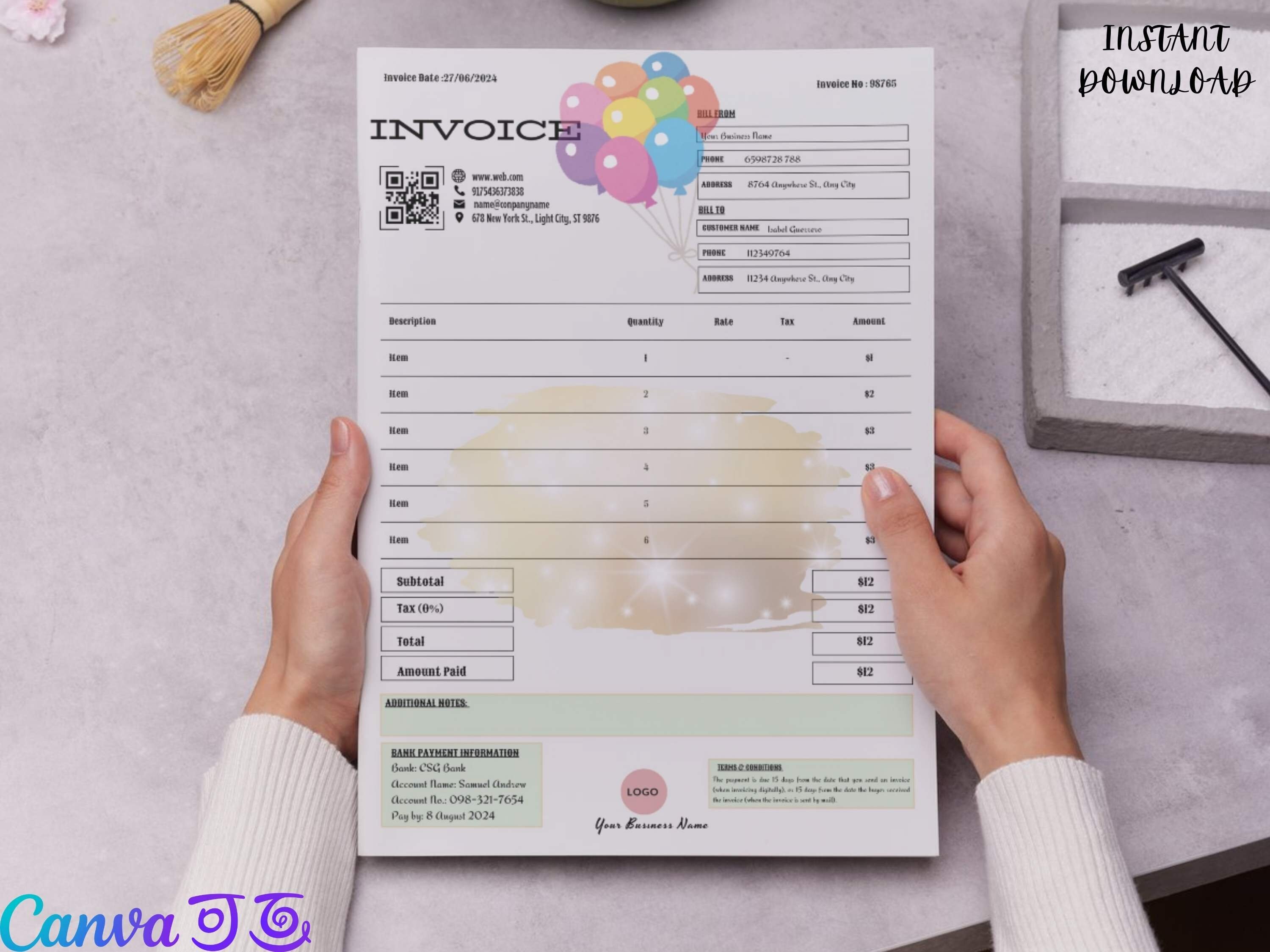 Editable Balloon Invoice Template Balloon Forms Balloon Business Custom ...