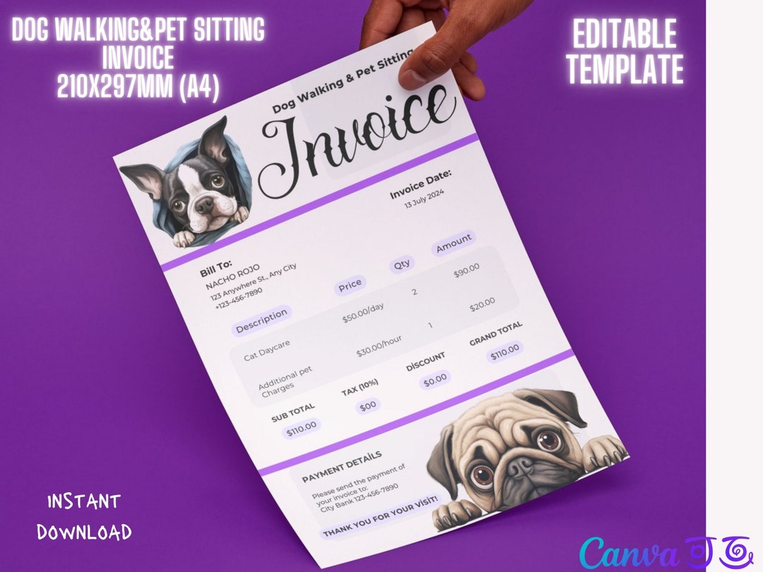 Dog Shop Invoice Editable Template Dog Groomers Dog Walker Printable ...