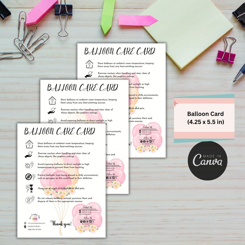 Editable Ballooon Care Card Template 3 Different Sizes, Printable ...