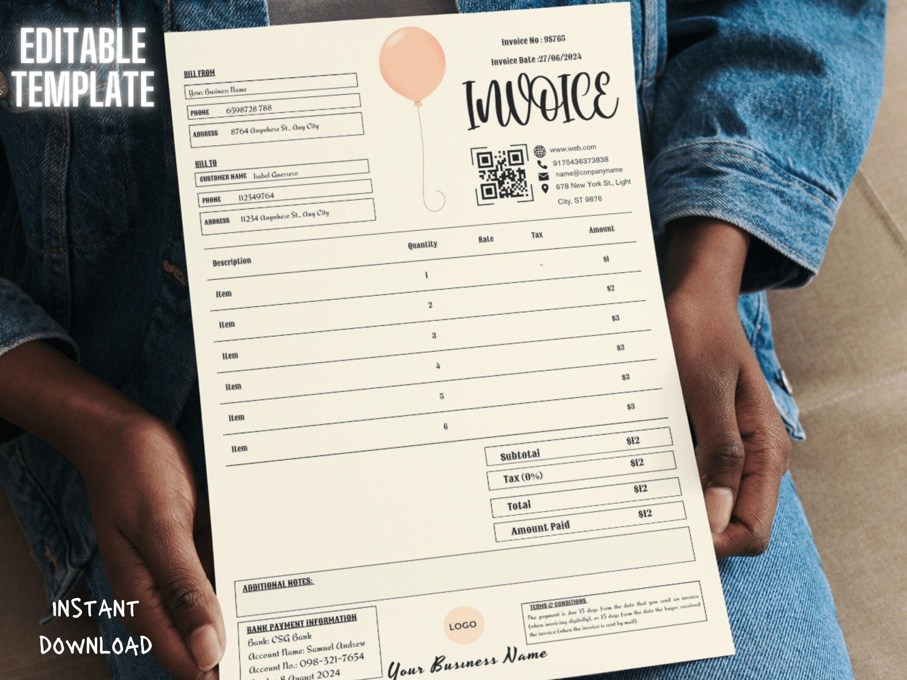 Balloon Invoice Template Receipt Template Business Template Printable ...