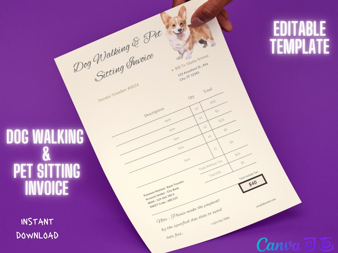 Pet Sitting Invoice Template for Dog Walking Pet Care Dog Grooming and ...