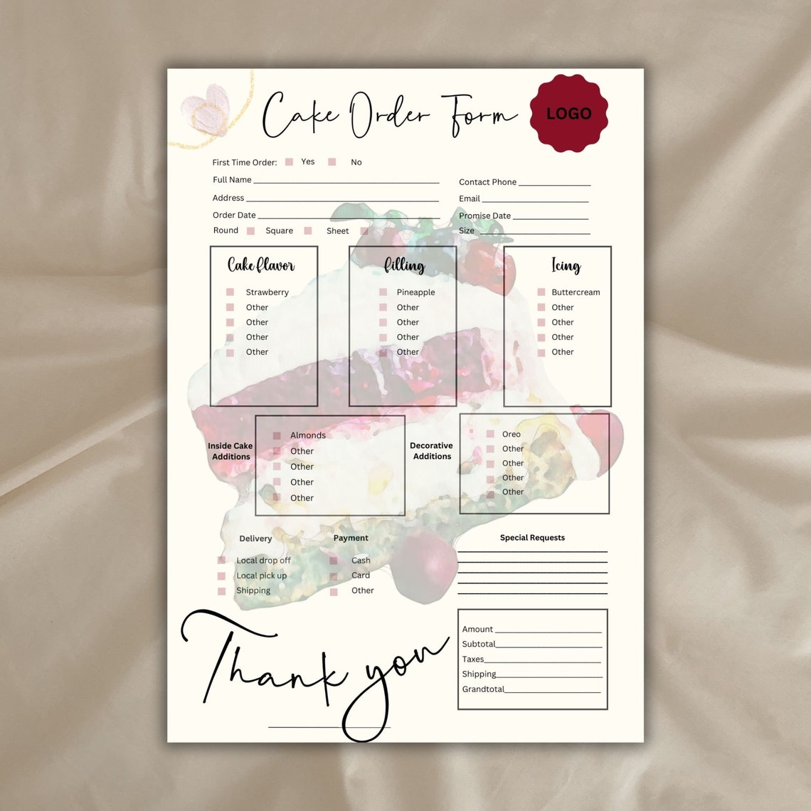 Editable Cake Order Form Template Cupcake Order Form Bakery Order Form ...