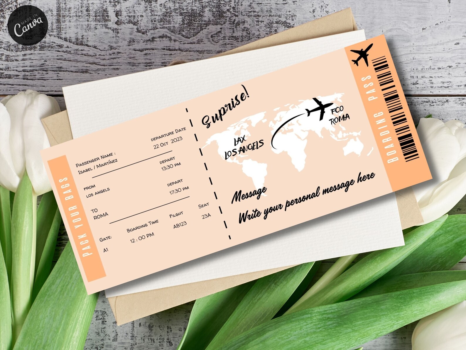 Editable Boarding Pass Template Canva Boarding Pass Surprise Trip ...
