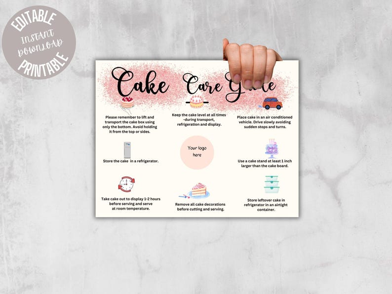 Editable Cake Care Guide Template Printable Cake Care Instructions for ...