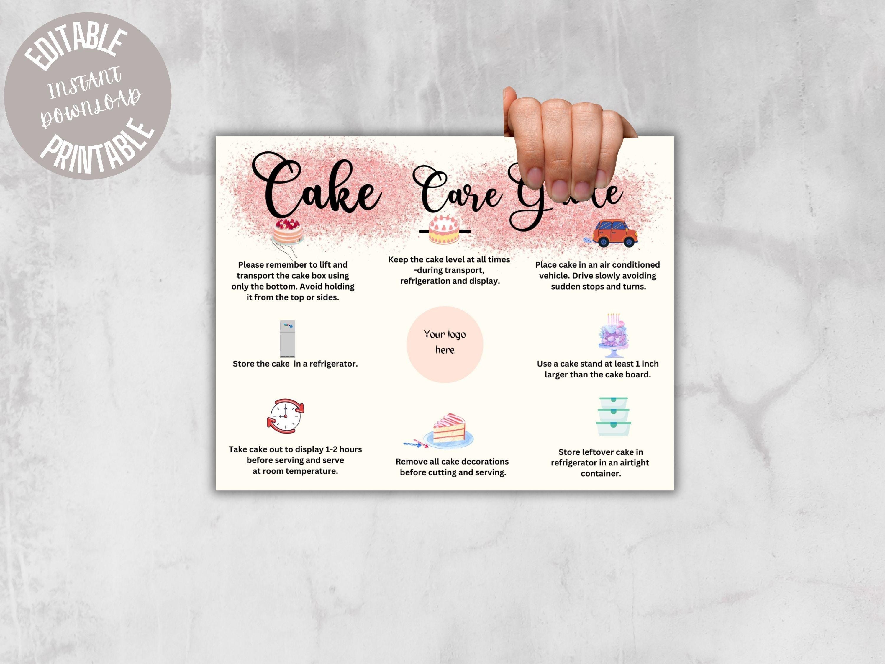 Editable Cake Care Guide Template Printable Cake Care Instructions for ...