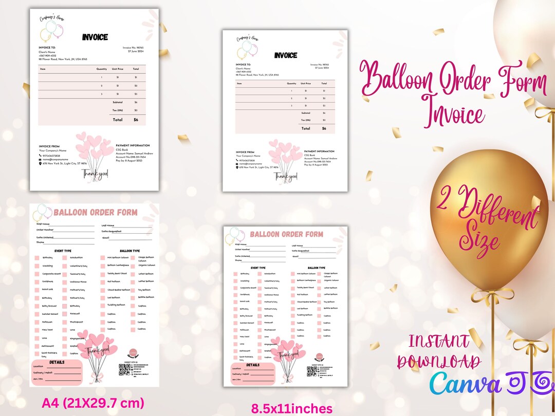 Editable Balloon Order Form Balloon Invoice 2 Different Size Balloon ...