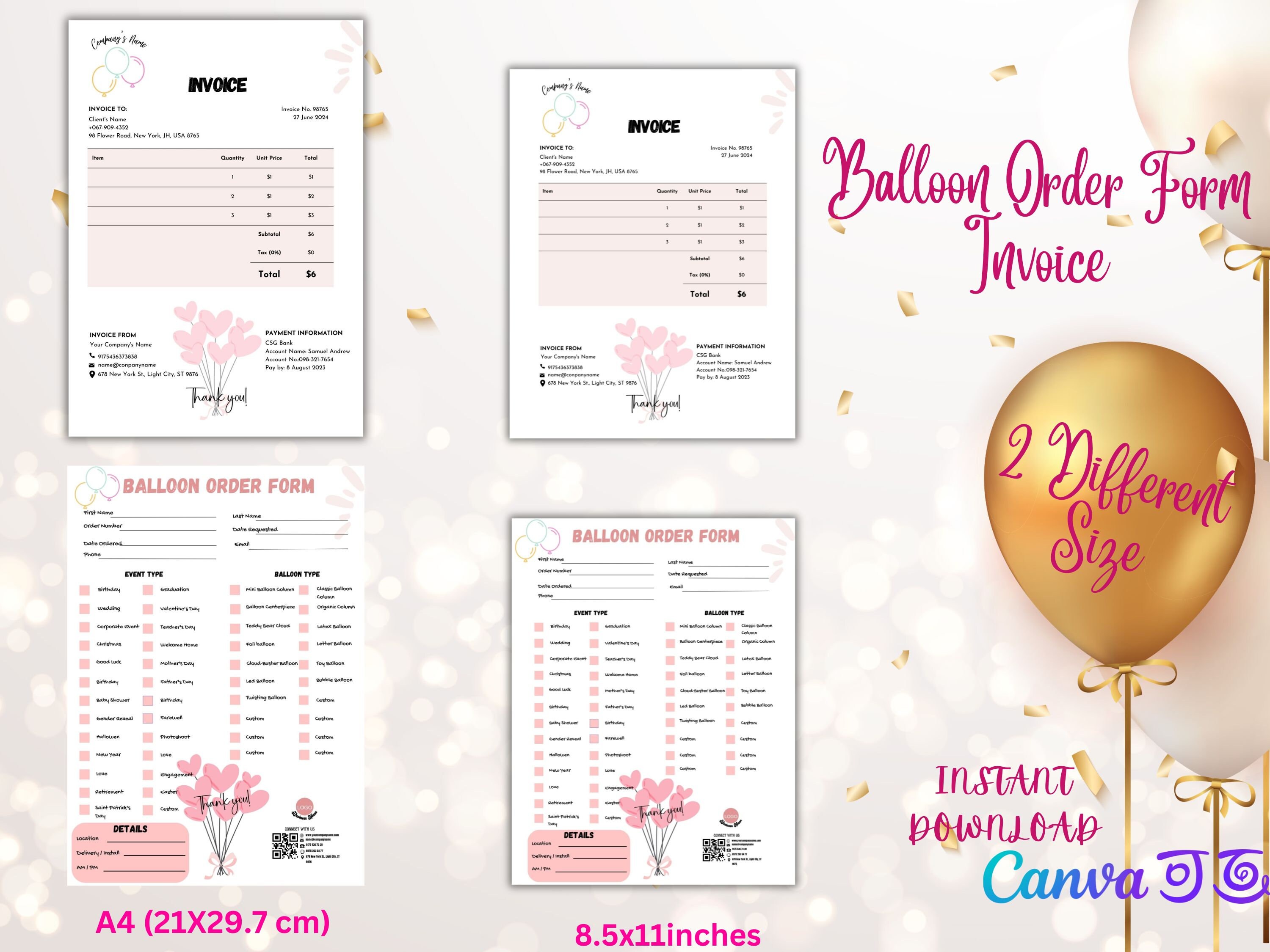 Editable Balloon Order Form Balloon Invoice 2 Different Size Balloon ...