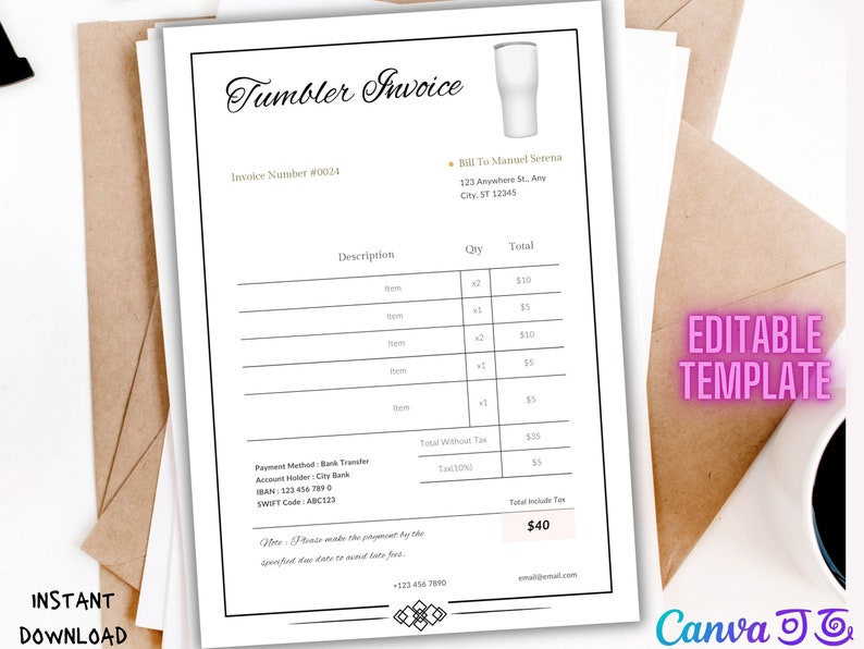 Printable Tumbler Invoice Template Editable Cup Invoice Sublimation ...