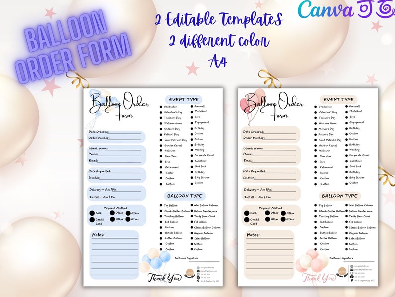 Editable Balloon Order Form Template 2 Different Color Balloon Order ...