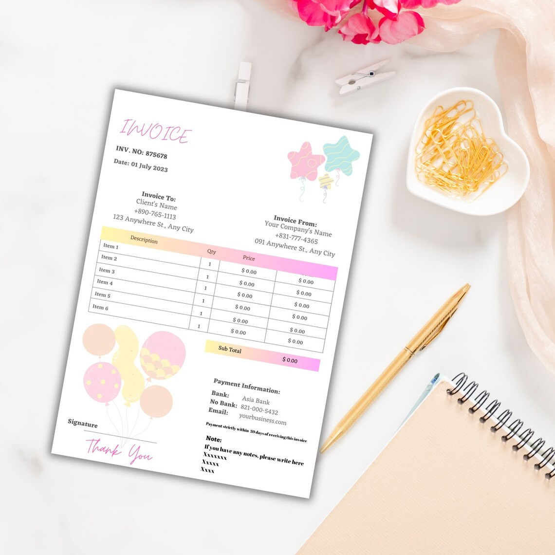 Balloon Invoice Template Receipt Template Business Template Printable ...