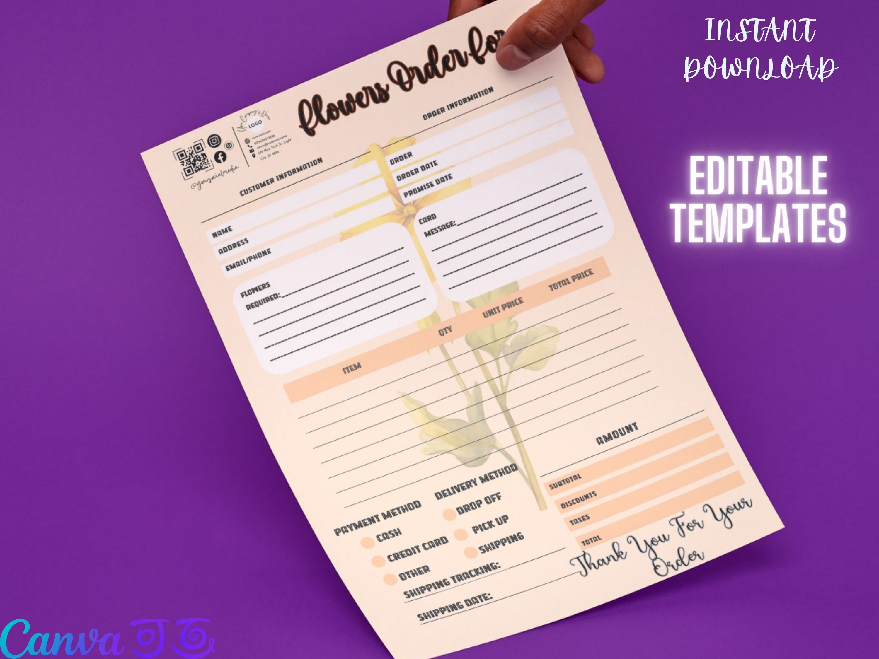 EDITABLE FLORIST ORDER Form Wedding Flowers Printable Flowers Order ...