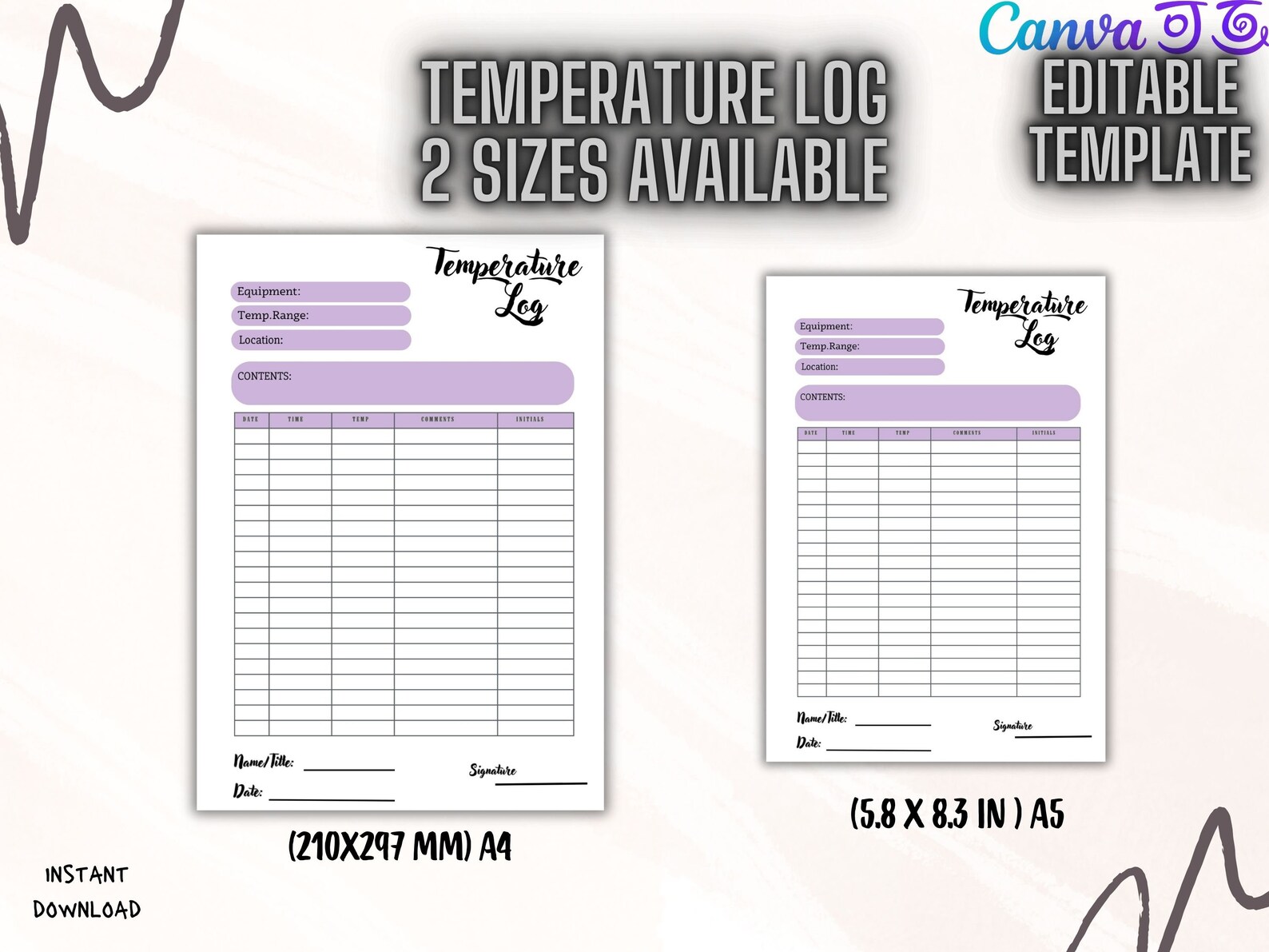 Temperature Log Printable PDF Temperature Tracker Printable Editable ...