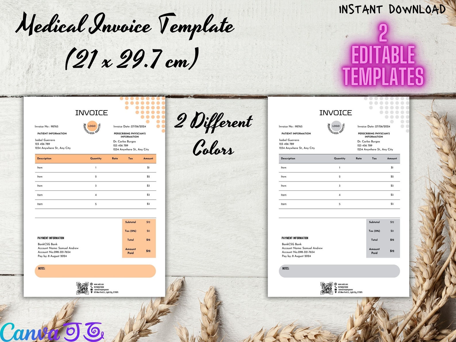 Editable Medical Invoice Template Minimalist Business Invoice Custom ...