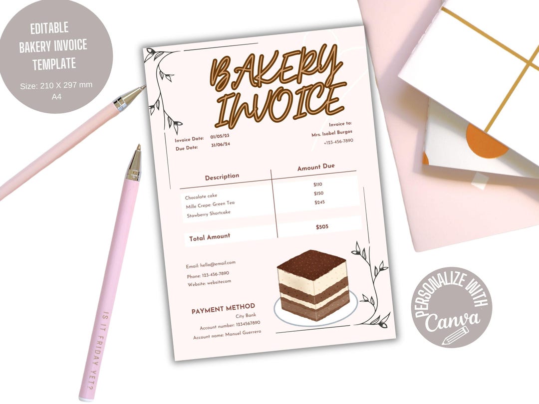 BAKERY INVOICE TEMPLATE, Editable Invoice Template for Small Business ...