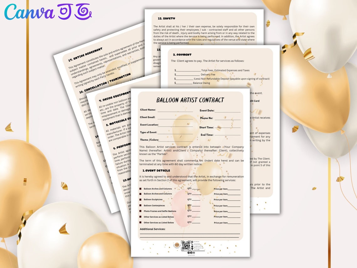 Editable Balloon Contract Printable Balloon Artist Contract Template ...