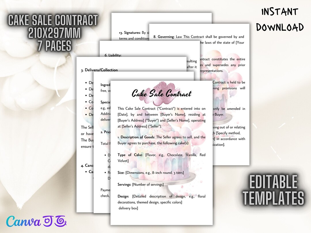 Cake Contract Template Bakery Contract Editable Cake Order Form Service ...