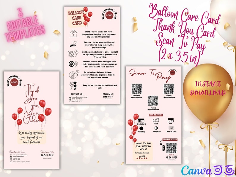 Balloon Care Card Scan to Pay Template Editable Balloons Care ...