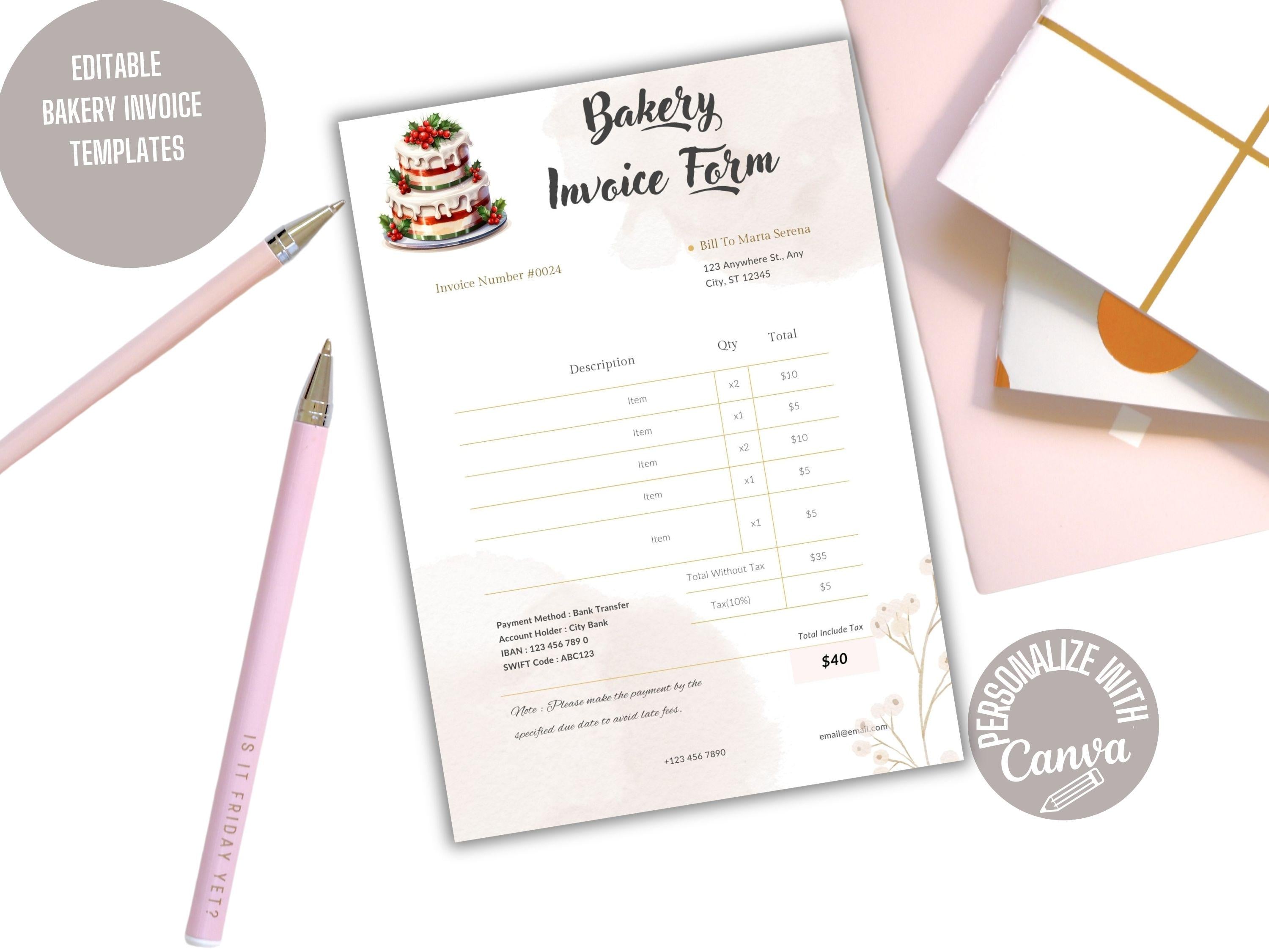BAKERY INVOICE TEMPLATE, Editable Invoice Template for Small Business ...