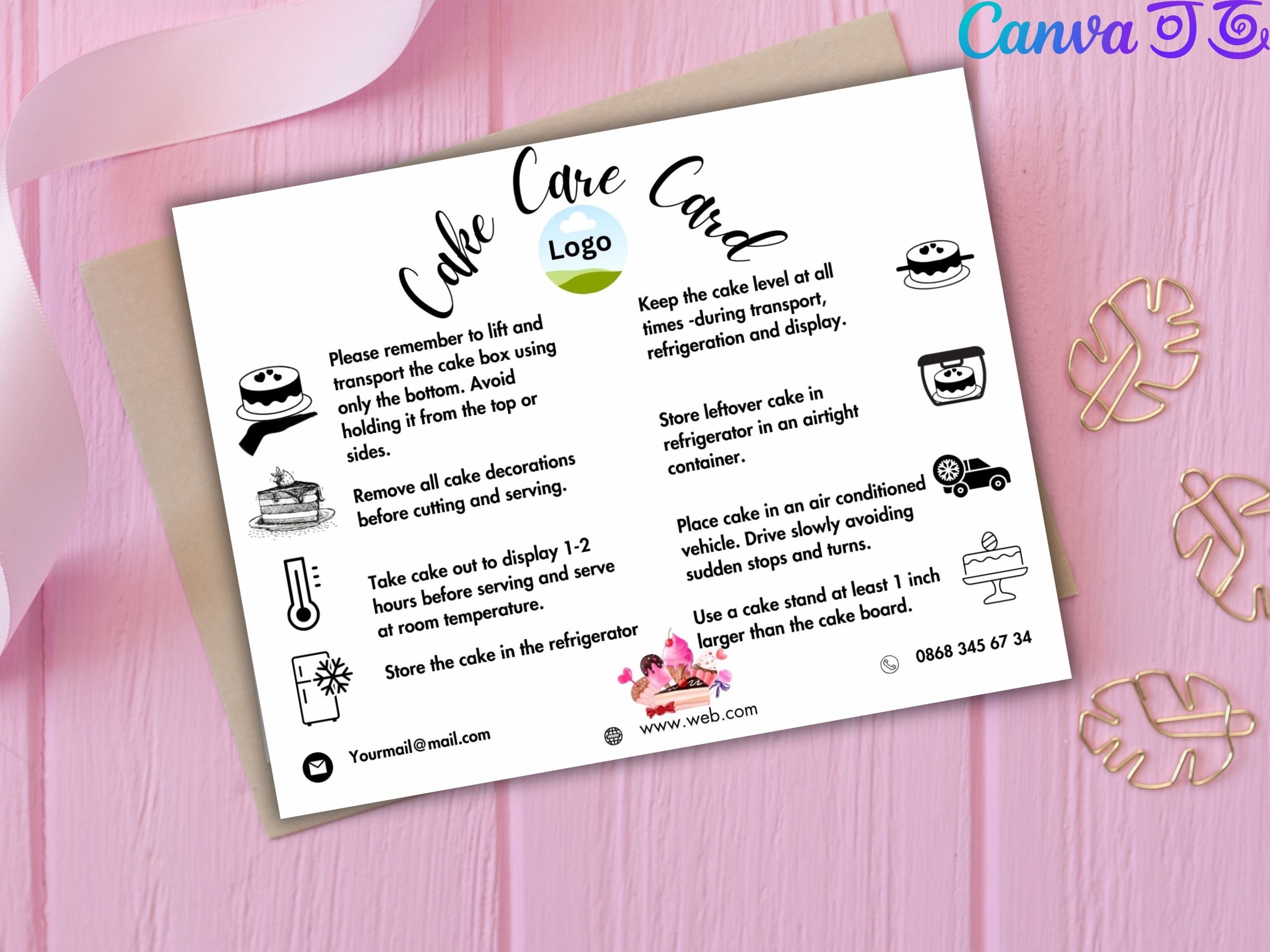 Editable Cake Care Card Cake Order Form Cake Cutting Card Thank You ...