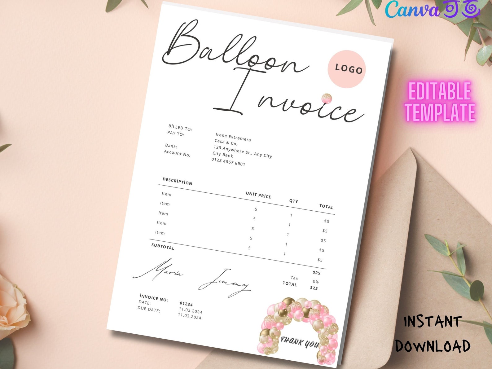 Balloon Invoice Template Receipt Template Business Template Printable ...