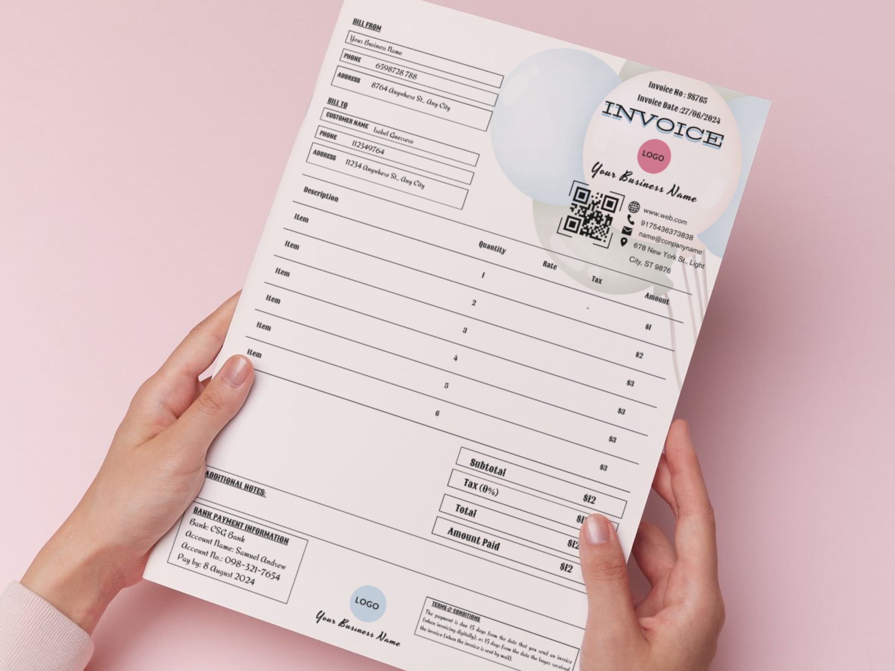 Editable Balloon Invoice Template Balloon Forms Balloon Business Custom ...