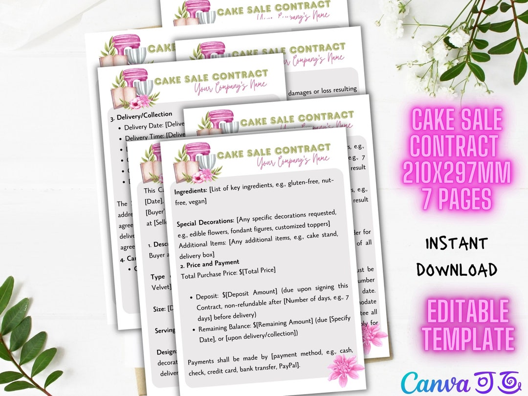 Cake Contract Template Bakery Contract Editable Cake Order Form Service ...