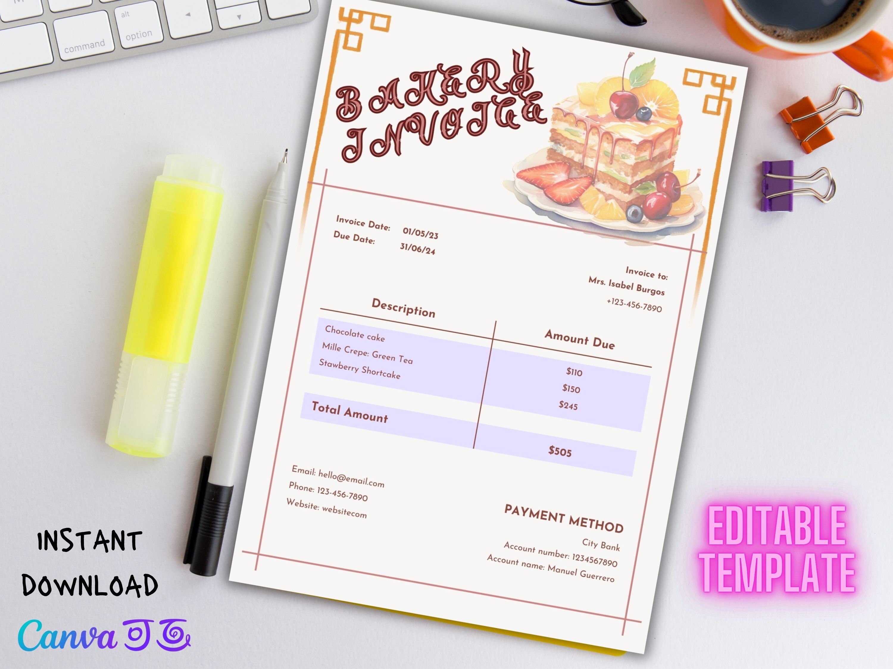Bakery Invoice Editable Cake Invoice Template DIY Edit Business Invoice ...