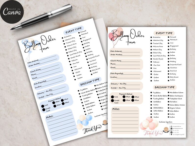 Editable Balloon Order Form Template 2 Different Color Balloon Order ...