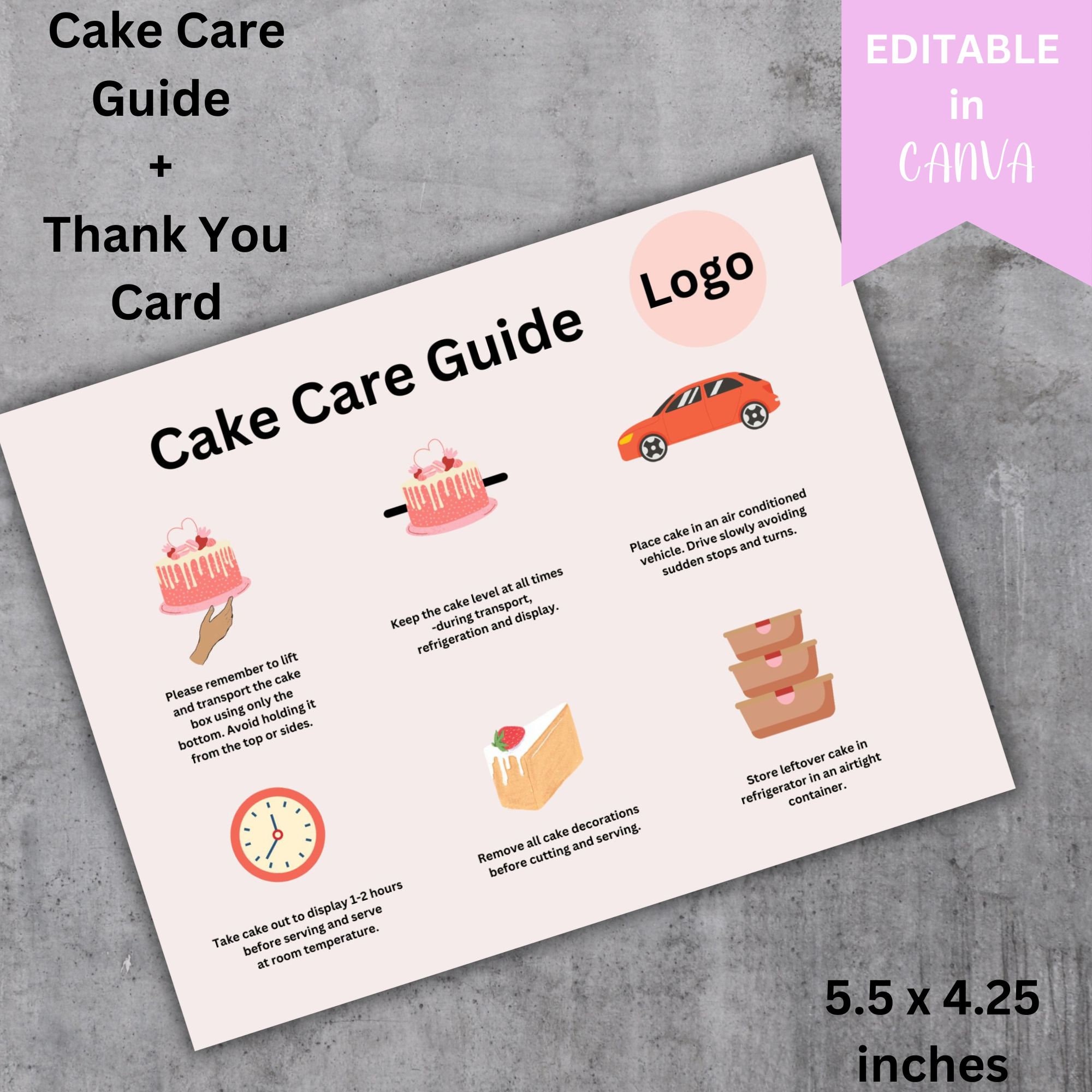 Cake Care Card Cake Instructions Cake Card Template Cake Care Cards ...