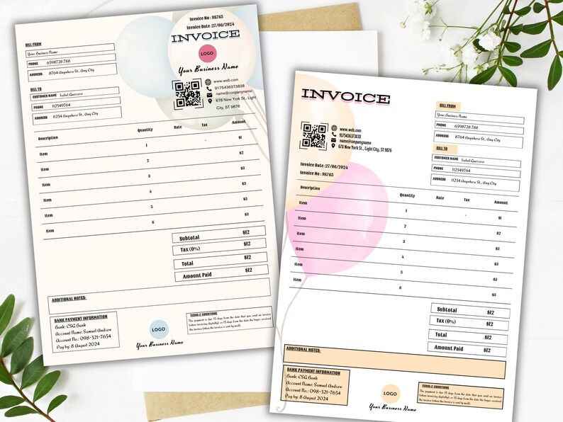 Editable Balloon Invoice Template Balloon Forms Balloon Business Custom ...