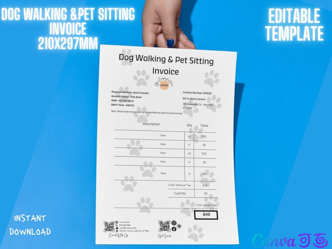 Printable Dog Shop Invoice Editable Template Dog Groomers Dog Walkers ...