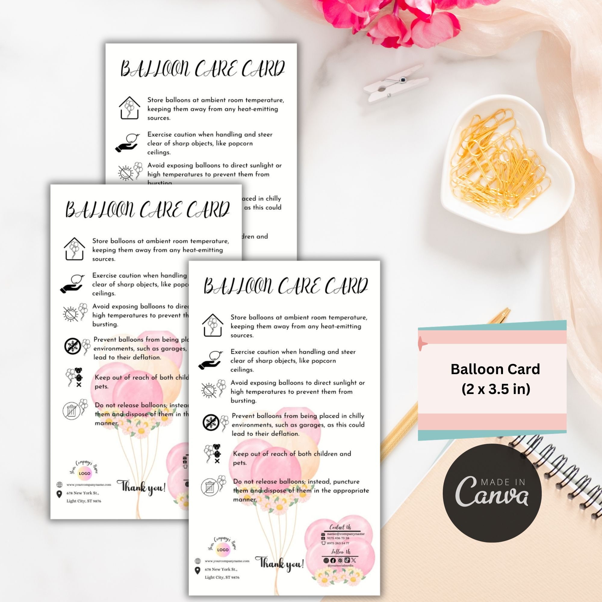 Editable Ballooon Care Card Template 3 Different Sizes, Printable ...