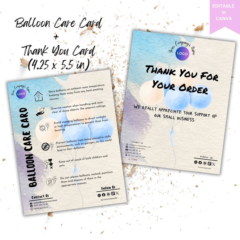 Editable Ballooon Care Card Template 3 Different Sizes, Balloon Thank ...
