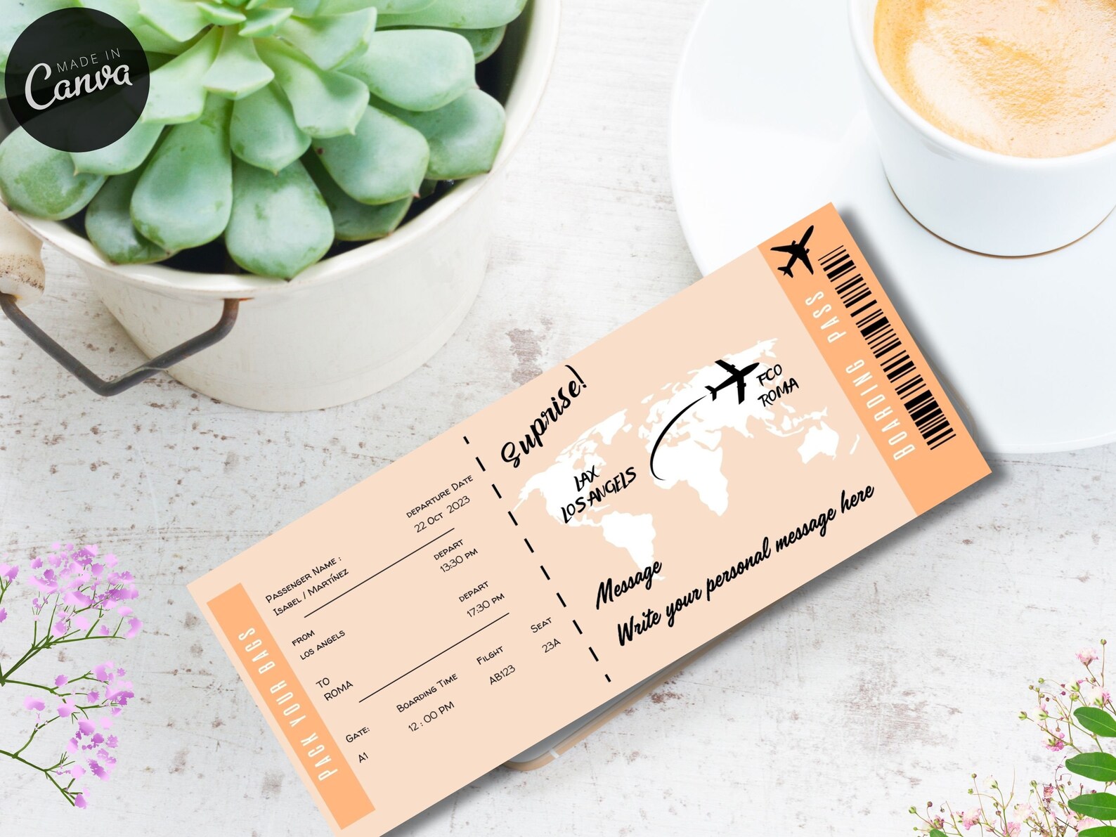 Editable Boarding Pass Template Canva Boarding Pass Surprise Trip ...