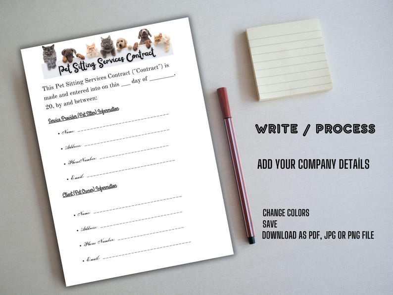 Editable Pet Sitting Contract | Instant Download Pet Care Form Pet ...