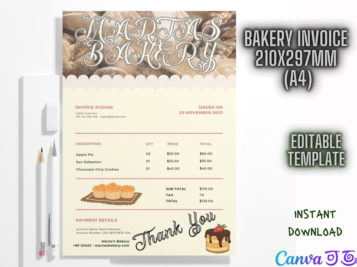 Cake Invoice Template Editable Bakery Invoice Custom Order Form ...