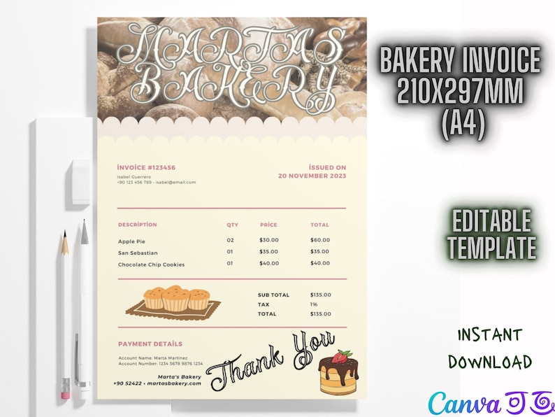 Cake Invoice Template Editable Bakery Invoice Custom Order Form ...