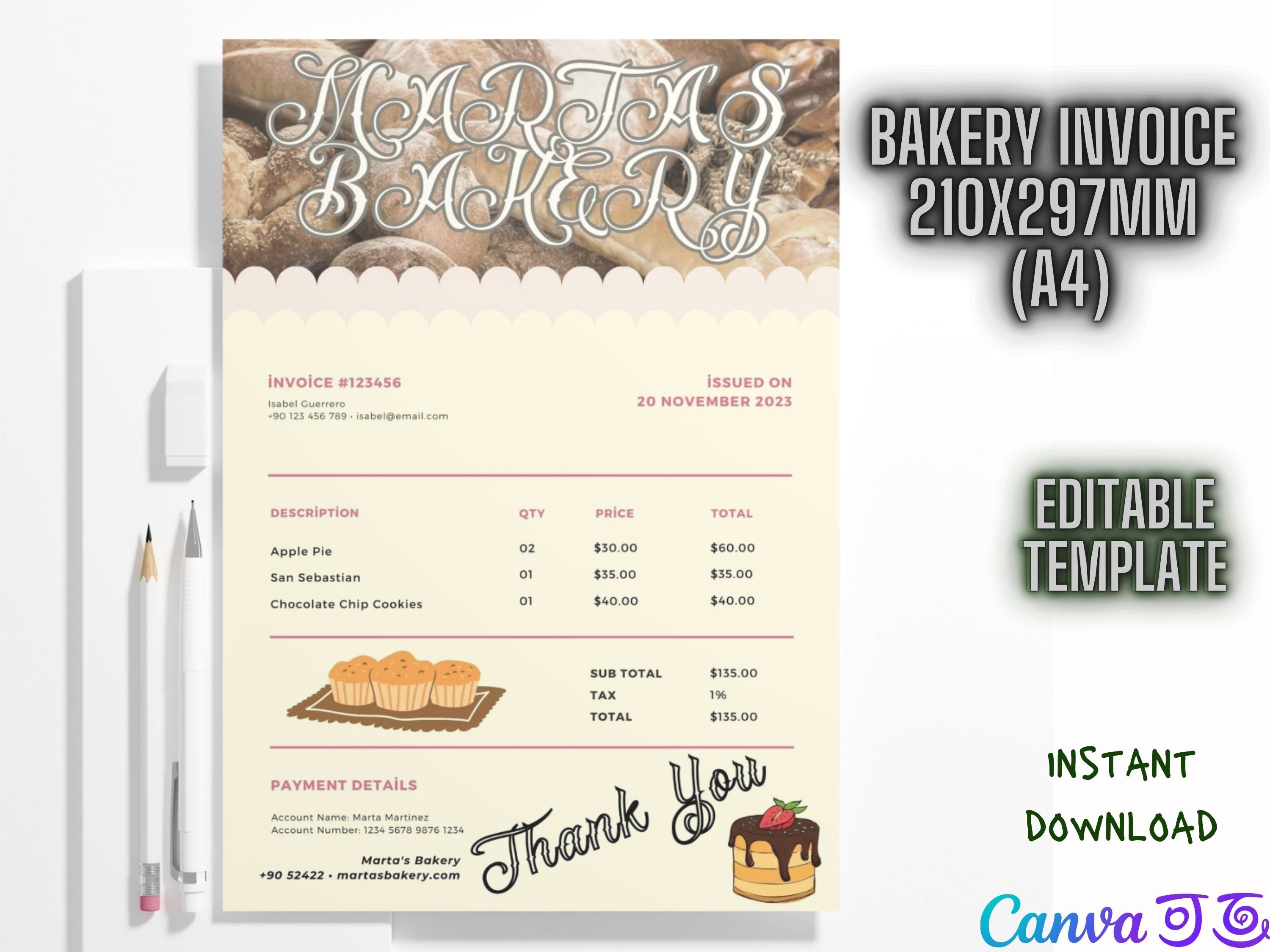Cake Invoice Template Editable Bakery Invoice Custom Order Form ...