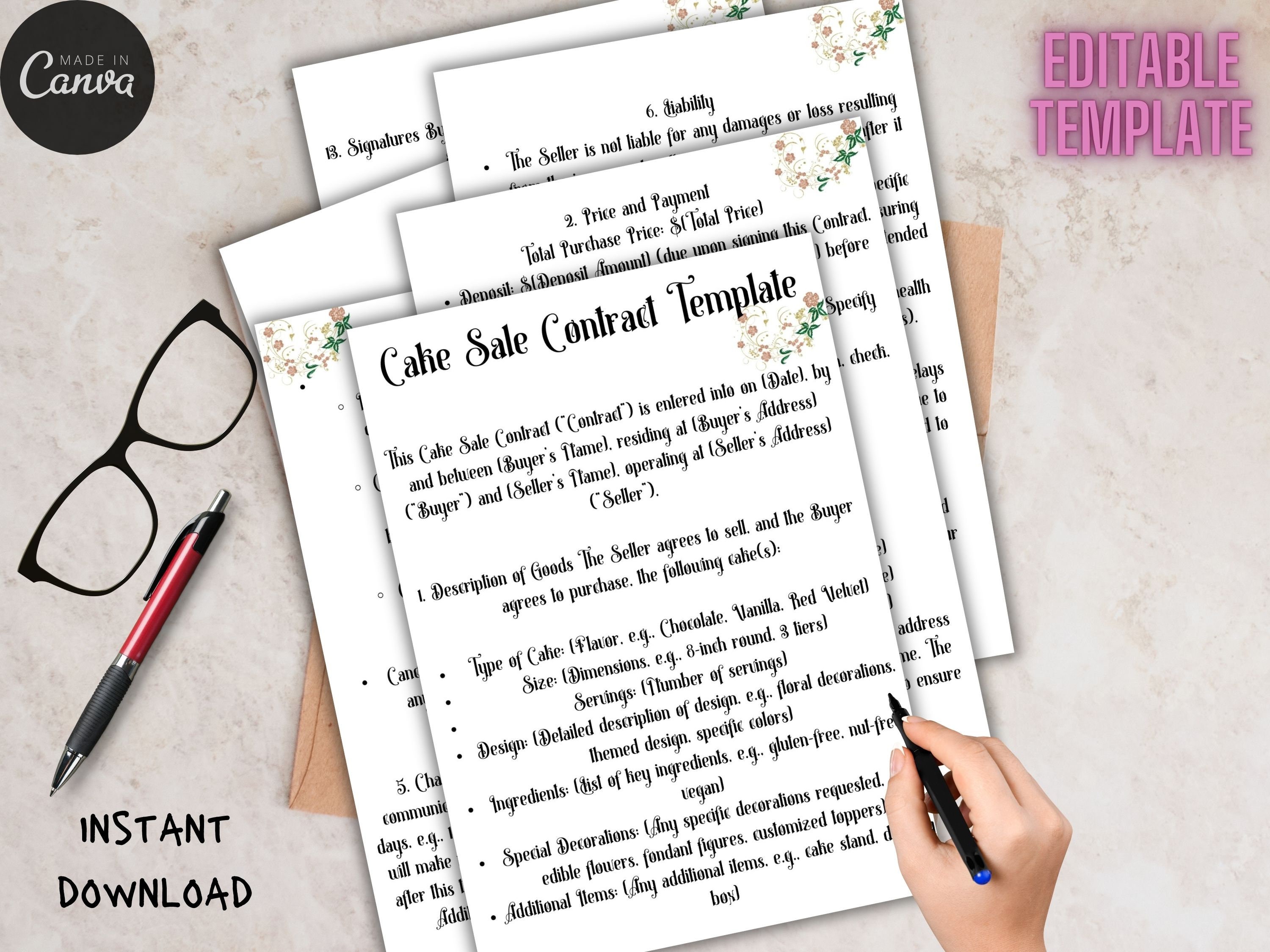 Cake Contract Template Bakery Contract Editable Cake Order Form Service ...