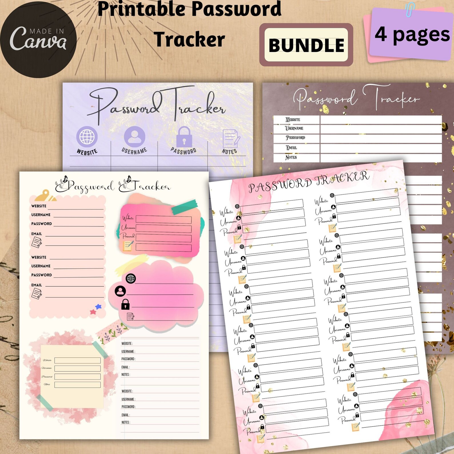 Password Tracker BUNDLE, 4 Printable Password Log, Password Keeper ...