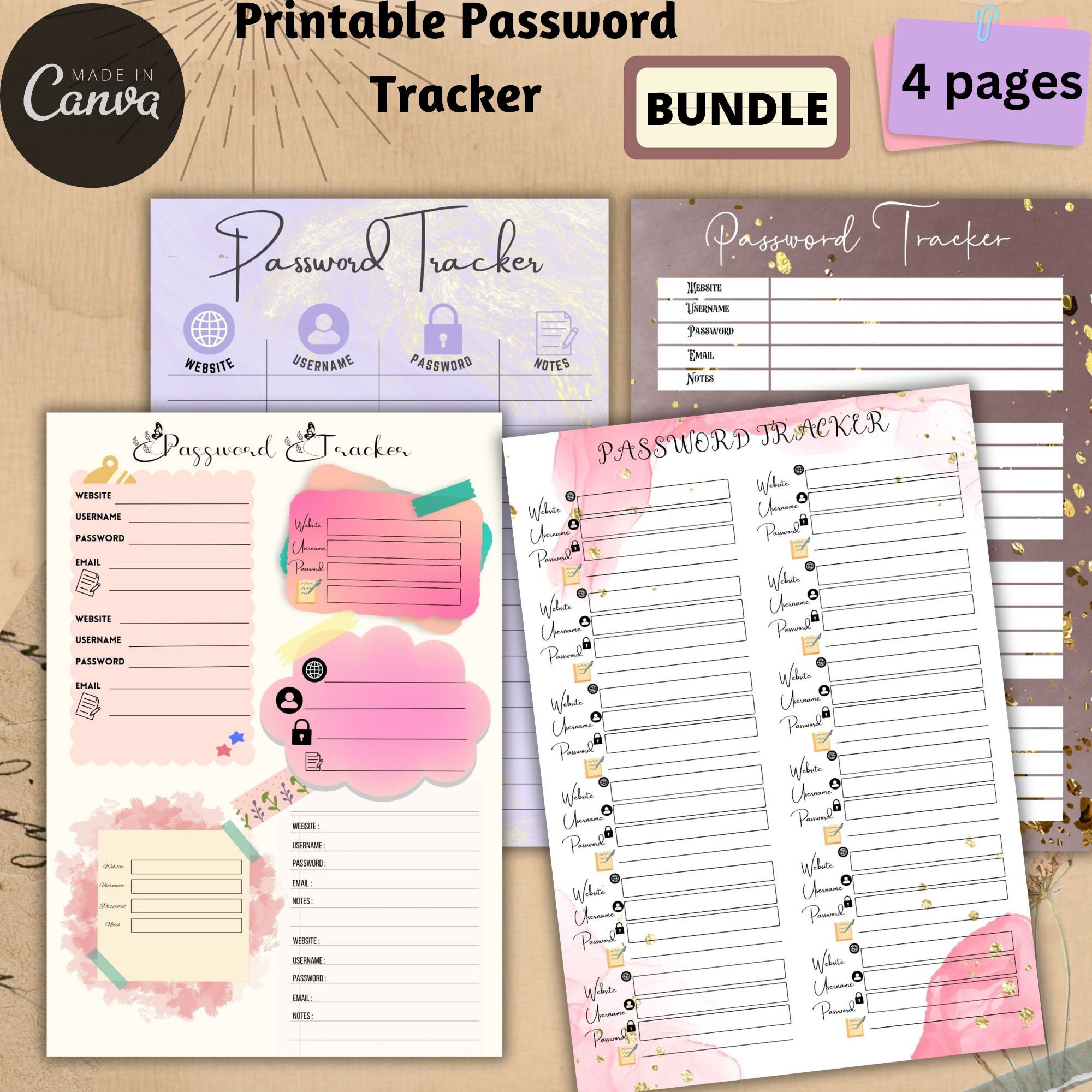 Password Tracker BUNDLE, 4 Printable Password Log, Password Keeper ...