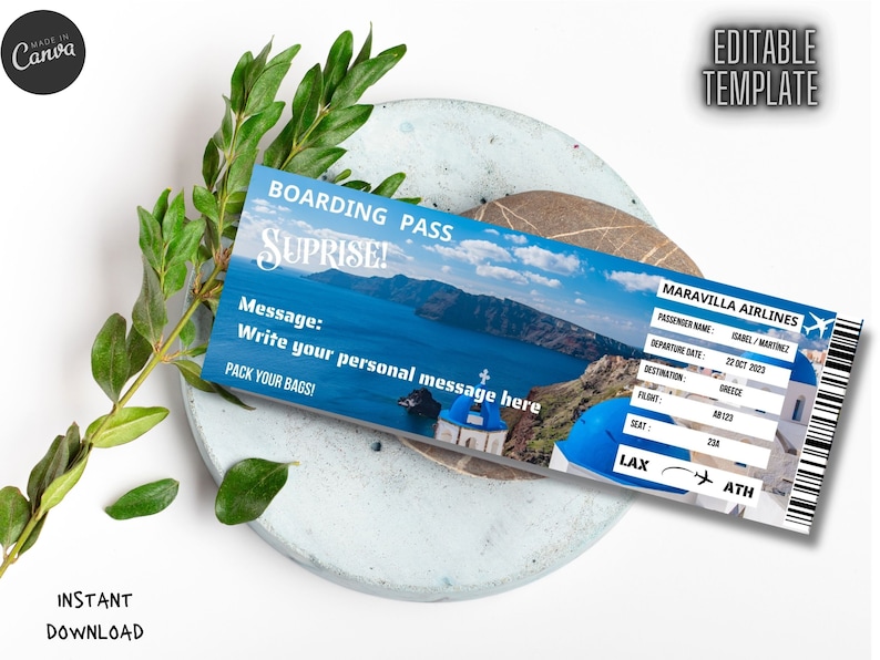 Plantilla de tarjeta de embarque editable Boleto de avión imprimible Regalo de viaje ...
