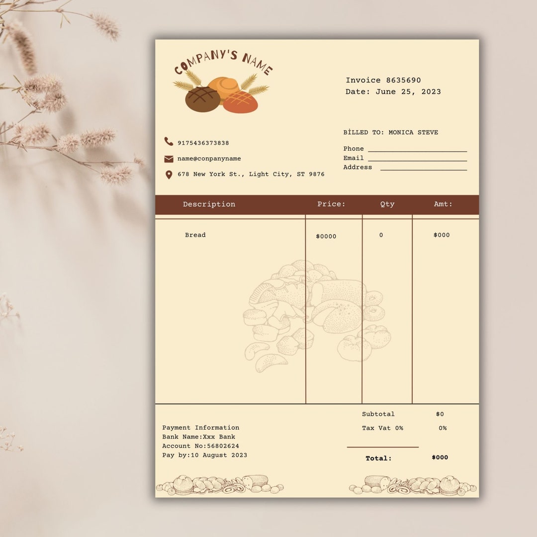 Bakery Invoice Template Receipt Template Business Template Printable ...